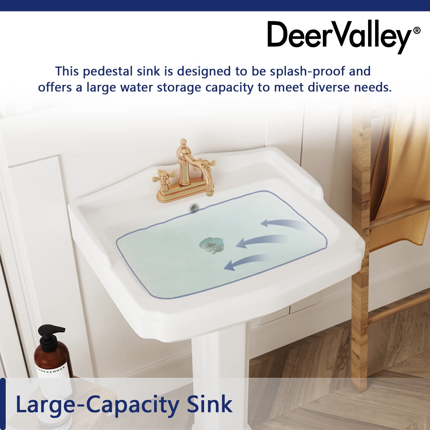 DeerValley DV-1P522 Dynasty Pedestal Sink 23" W X 19" D White Ceramic Pedestal Bathroom Sink With Overflow