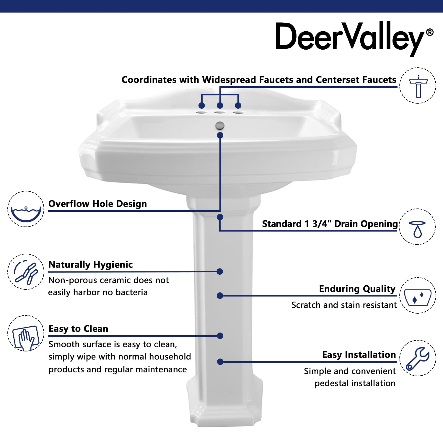 DeerValley DV-1P522 Dynasty Pedestal Sink 23" W X 19" D White Ceramic Pedestal Bathroom Sink With Overflow