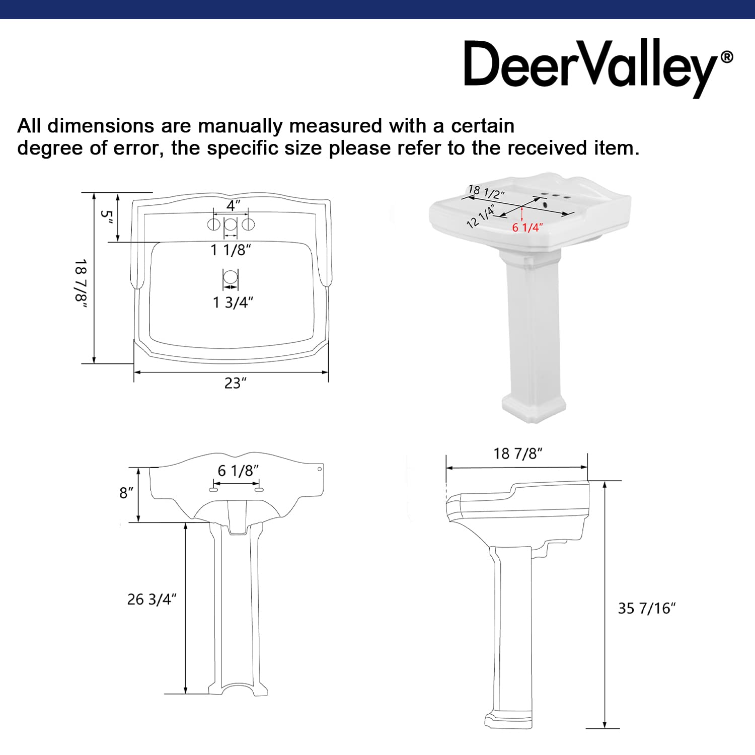 DeerValley DV-1P522 Dynasty Pedestal Sink 23" W X 19" D White Ceramic Pedestal Bathroom Sink With Overflow