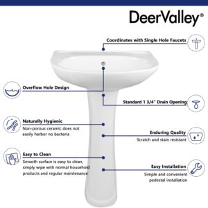 DeerValley DV-1P525 Ally 20" X 17" Modern U-Shape White Ceramic Pedestal Bathroom Sink With Overflow