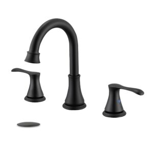 kirlystone matte black widespread bathroom sink faucet, 8-inch black widespread vanity faucet for 3-hole bathroom sink with drain assembly and supply lines