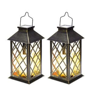 solar lanterns outdoor waterproof, set of 2 outdoor lanterns for patio waterproof,14 inch waterproof led flickering flameless candle mission lights garden hanging lanterns for outdoor halloween decor