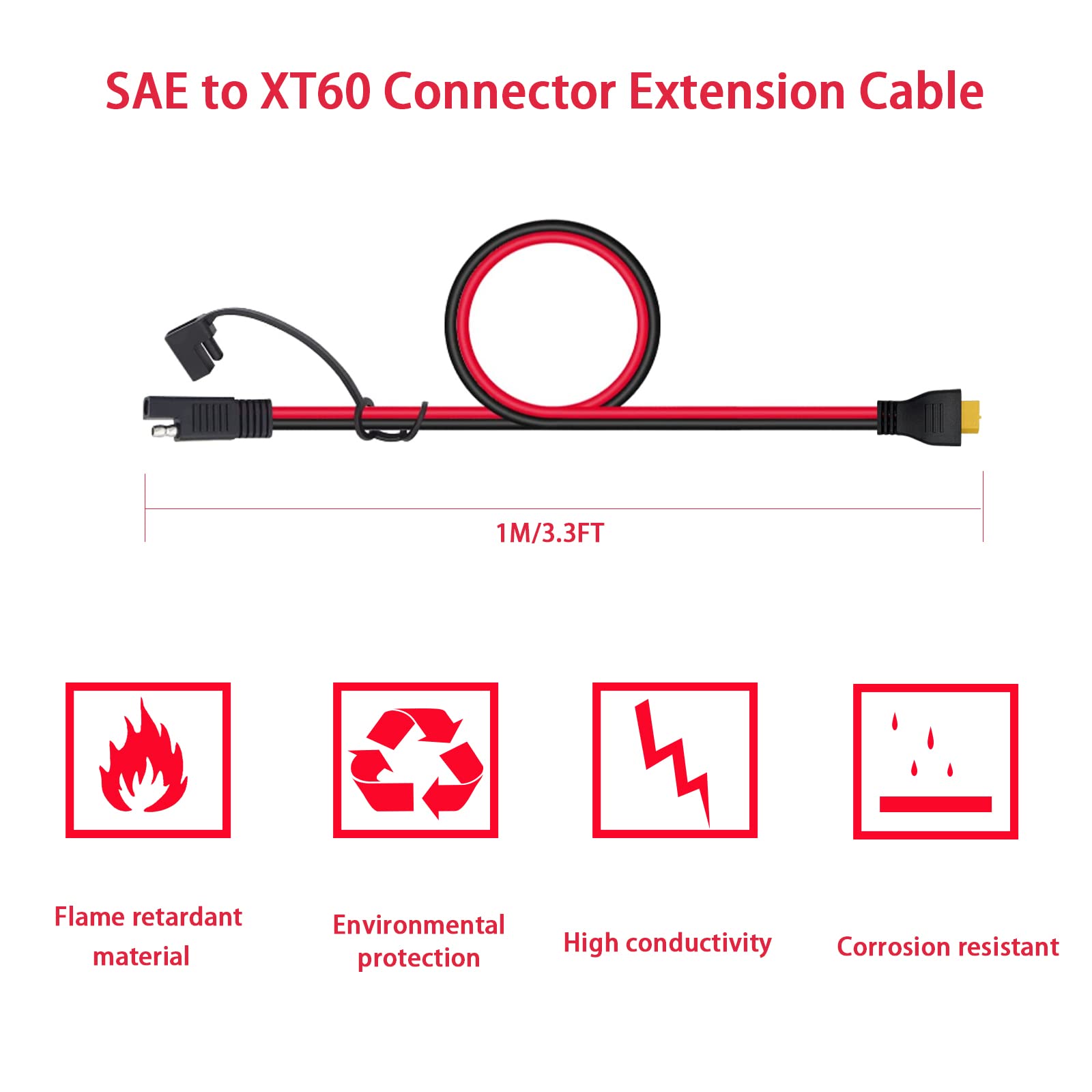 AnkEnergy 12AWG XT60 to SAE Connector Extension Cable for Solar Generator Portable Power Station SAE-XT60 (3Ft)