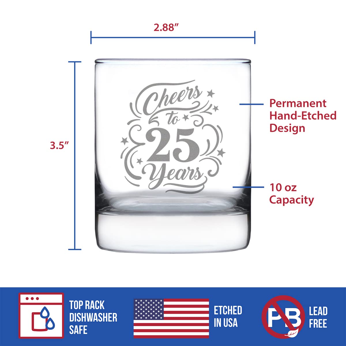 Cheers to 25 Years - Whiskey Rocks Glass Gifts for Women & Men - 25th Anniversary Party Decor - 10.25 Oz Glasses