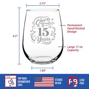 Cheers to 15 Years - Stemless Wine Glass Gifts for Women & Men - 15th Anniversary Party Decor - Large 17 Oz Glasses