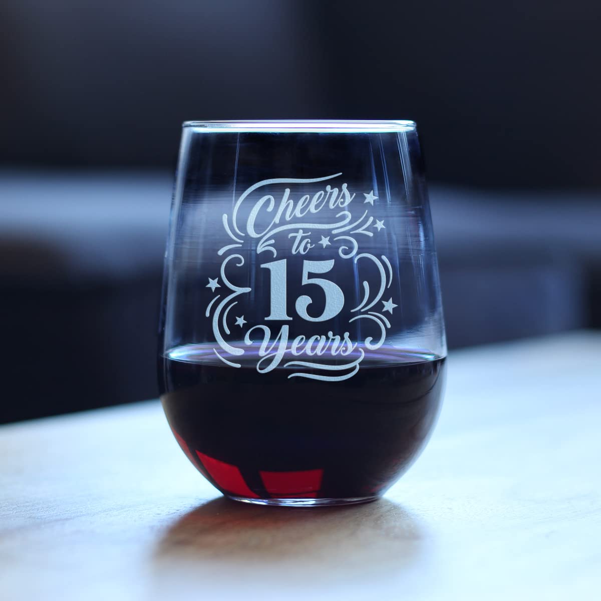 Cheers to 15 Years - Stemless Wine Glass Gifts for Women & Men - 15th Anniversary Party Decor - Large 17 Oz Glasses