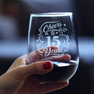 Cheers to 15 Years - Stemless Wine Glass Gifts for Women & Men - 15th Anniversary Party Decor - Large 17 Oz Glasses