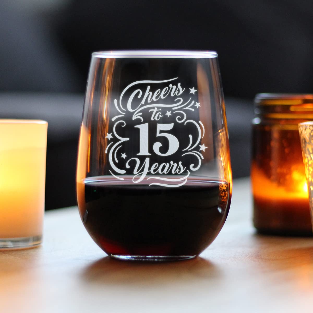 Cheers to 15 Years - Stemless Wine Glass Gifts for Women & Men - 15th Anniversary Party Decor - Large 17 Oz Glasses