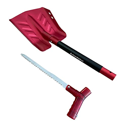 SnowBigDeal Emergency Snow Shovel with Saw - Converts from Dig to Chop/Hoe Mode Portable for Snowmobiles, Skiing, Backcountry, Avalanche Rescue Winter Survival Gear Car, Camping T6 Aluminum, Red