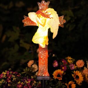 morestar solar cross garden lights angel,graves cemetery decorations,waterproof solar garden stake outdoor decorative lights,jesus memorial garden for mom for patio yard art decor