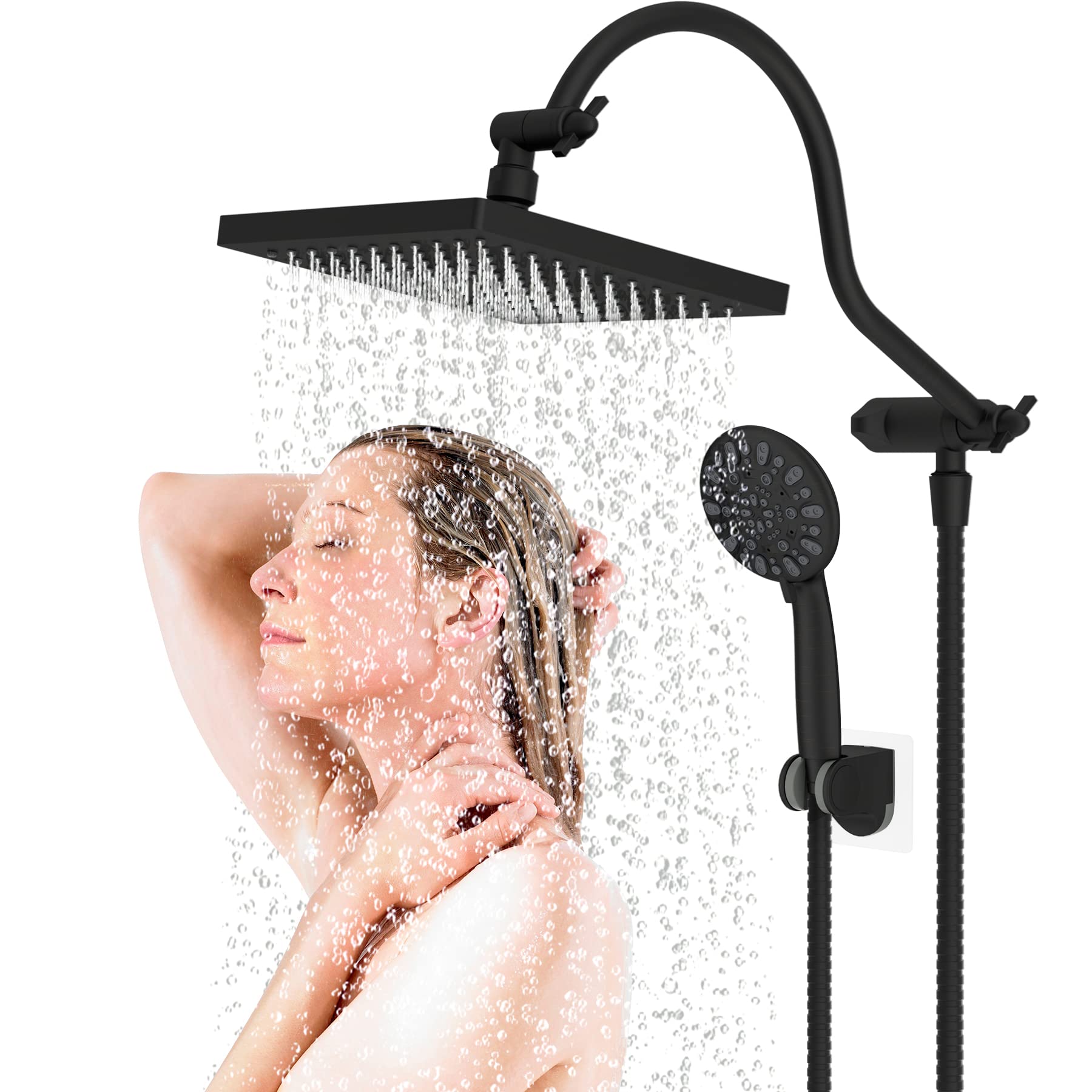 Hibbent 8 Inch High Pressure Rainfall Shower Head/Handheld Showerhead Combo with 12 Inch Adjustable Curved Shower Extension Arm,7-Spray,71-inch Hose Adhesive Showerhead Holder,Oil-Rubbed Bronze