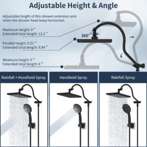 Hibbent 8 Inch High Pressure Rainfall Shower Head/Handheld Showerhead Combo with 12 Inch Adjustable Curved Shower Extension Arm,7-Spray,71-inch Hose Adhesive Showerhead Holder,Oil-Rubbed Bronze