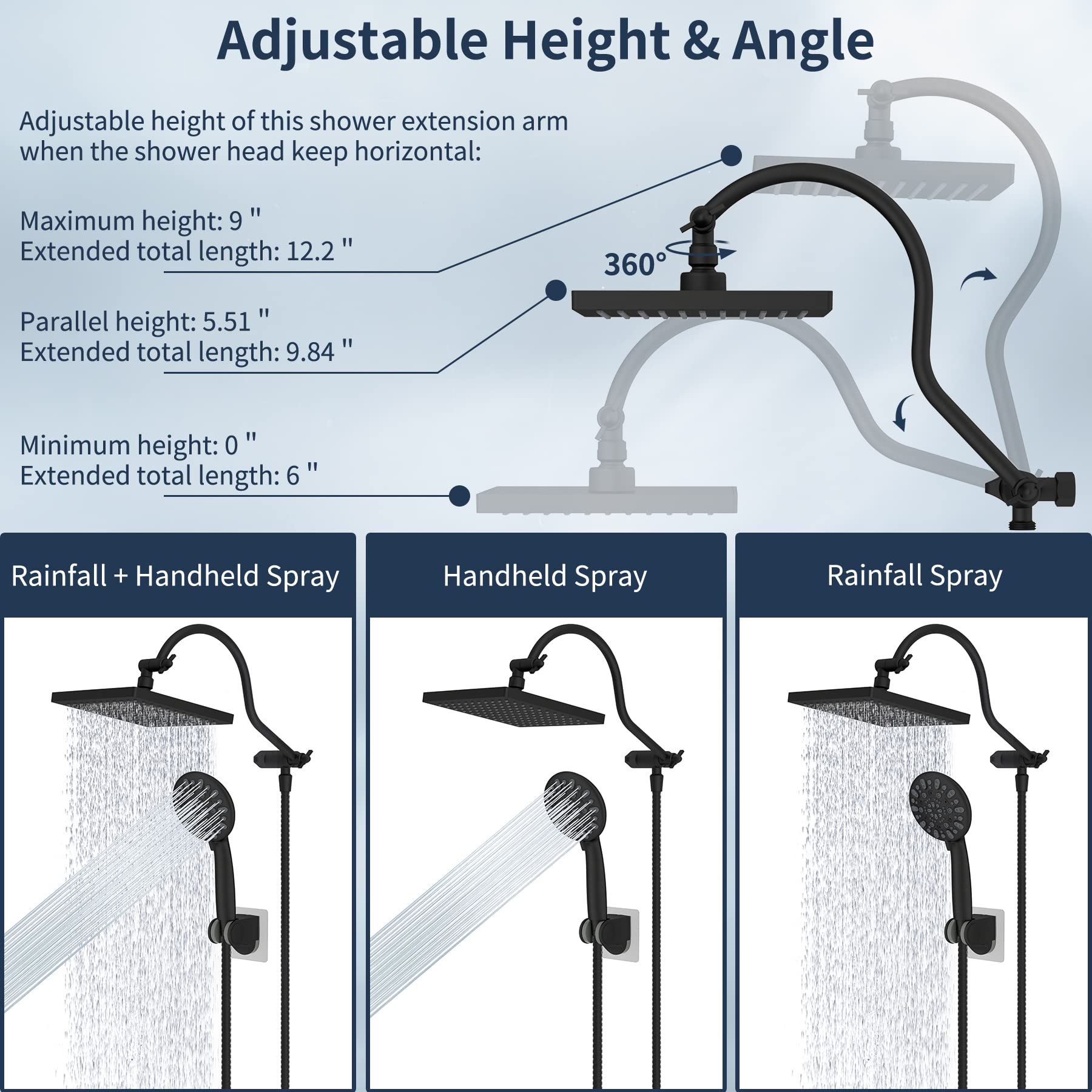 Hibbent 8 Inch High Pressure Rainfall Shower Head/Handheld Showerhead Combo with 12 Inch Adjustable Curved Shower Extension Arm,7-Spray,71-inch Hose Adhesive Showerhead Holder,Oil-Rubbed Bronze