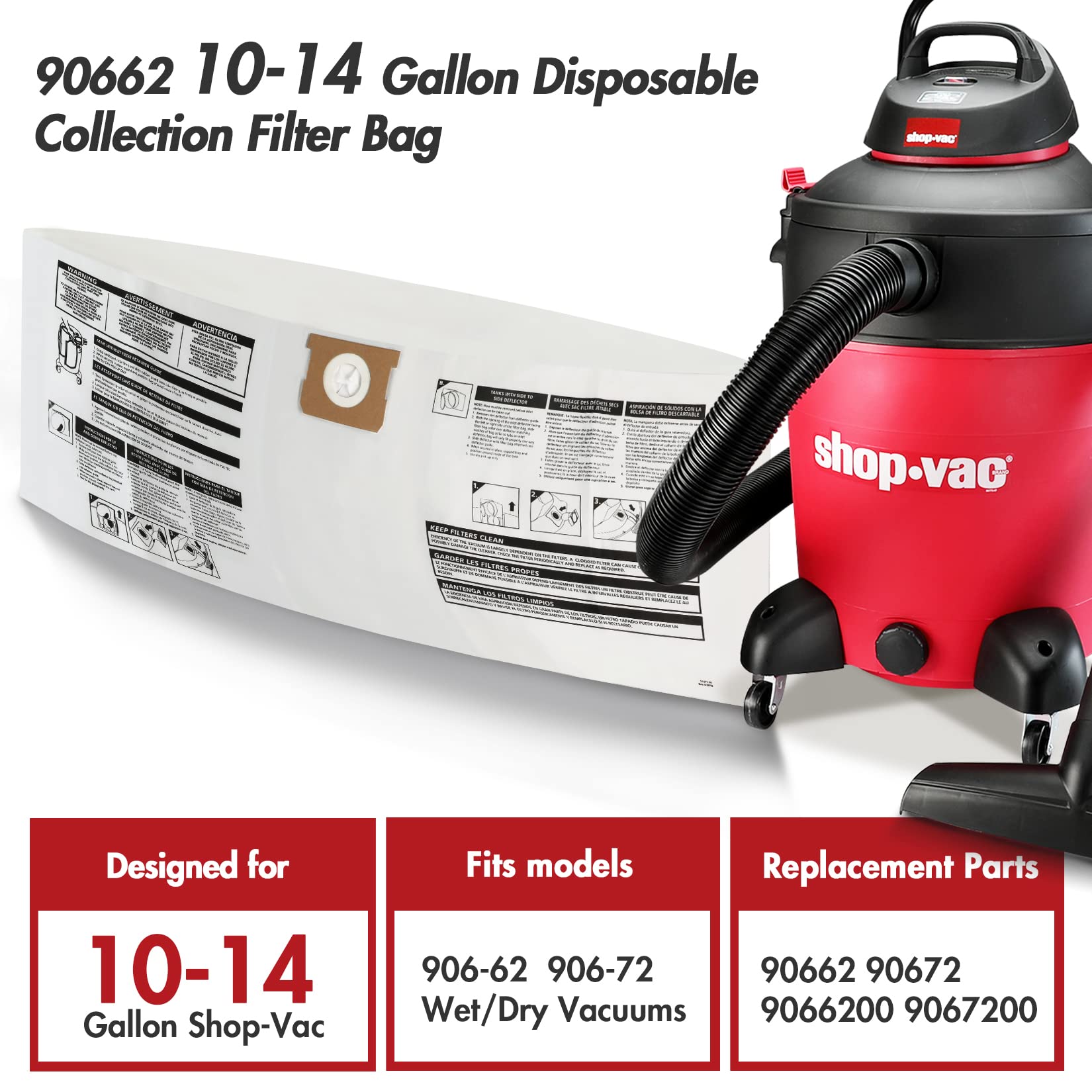 Shop-Vac 12 Gallon 5.5 Peak HP Wet/Dry Vacuum+10-14 Gallon Disposable Collection Filter Bag