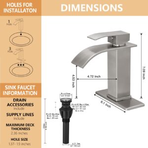 BATHLAVISH Bathroom Sink Faucet Waterfall Brushed Nickel Single Hole Modern with Pop Up Drain with Overflow Vanity Lavatory Single Handle Brush Mixer Tap Deck Mounted