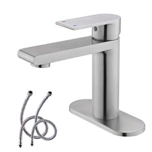 kenes modern single hole bathroom faucet, single handle bathroom sink faucet brushed nickel, stainless steel lavatory vanity faucet with deck plate & supply lines fit for 1 or 3 hole ke-9008