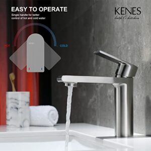 KENES Modern Single Hole Bathroom Faucet, Single Handle Bathroom Sink Faucet Brushed Nickel, Stainless Steel Lavatory Vanity Faucet with Deck Plate & Supply Lines Fit for 1 or 3 Hole KE-9008