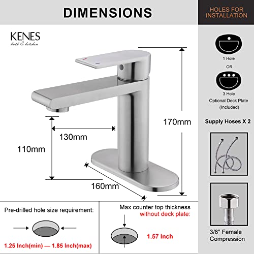 KENES Modern Single Hole Bathroom Faucet, Single Handle Bathroom Sink Faucet Brushed Nickel, Stainless Steel Lavatory Vanity Faucet with Deck Plate & Supply Lines Fit for 1 or 3 Hole KE-9008