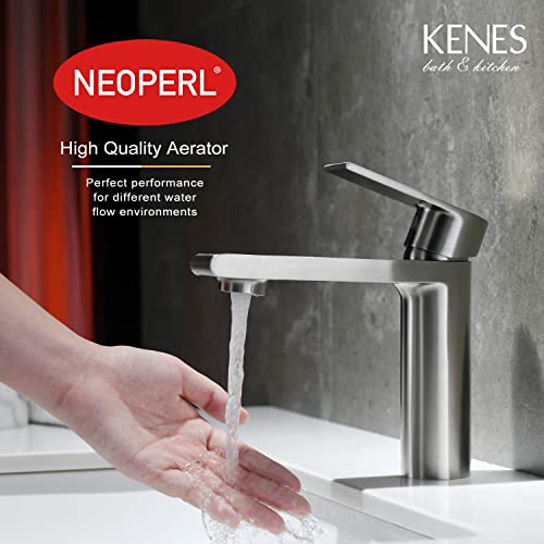 KENES Modern Single Hole Bathroom Faucet, Single Handle Bathroom Sink Faucet Brushed Nickel, Stainless Steel Lavatory Vanity Faucet with Deck Plate & Supply Lines Fit for 1 or 3 Hole KE-9008