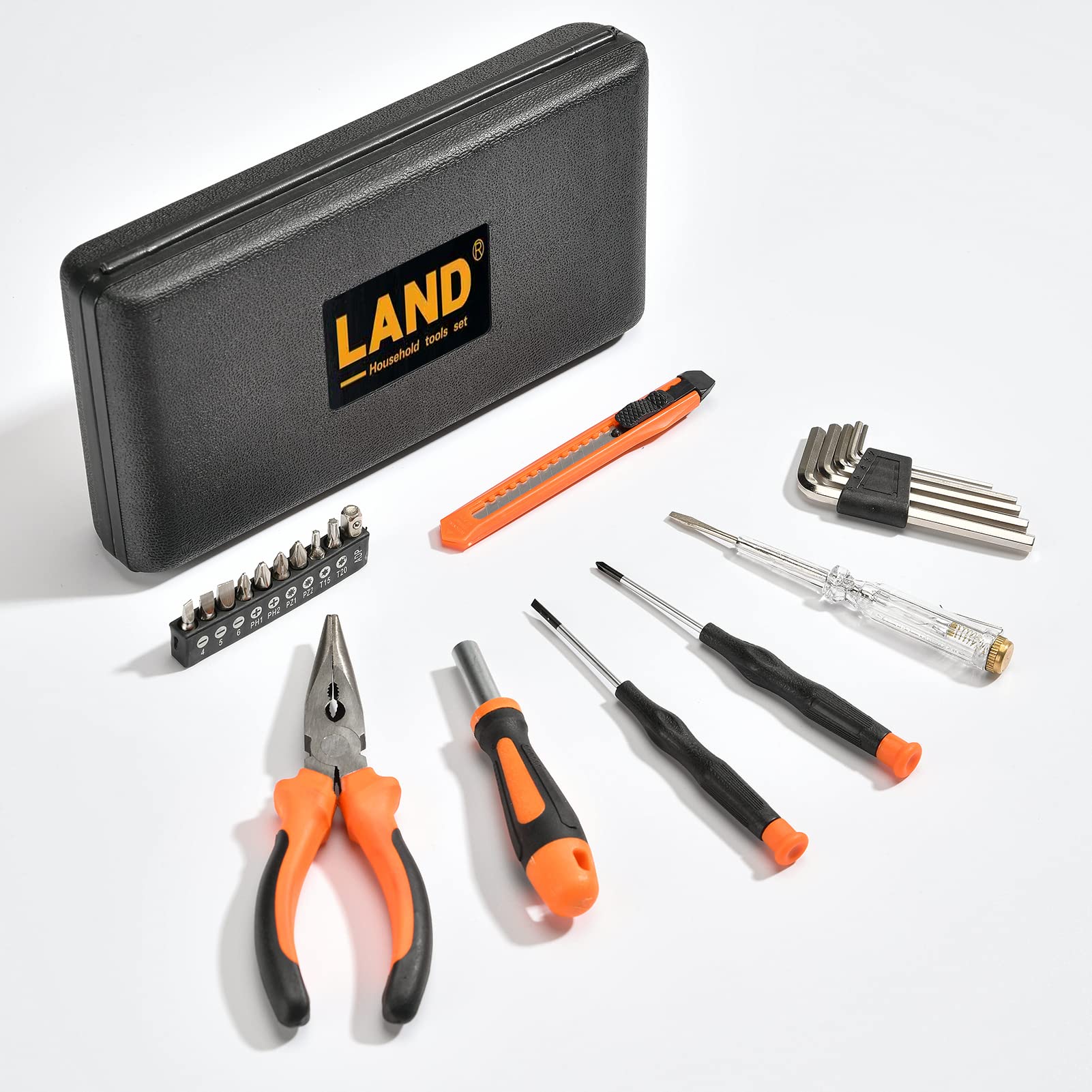 LAND 22-Piece Tool Kit General Household Tool Set Cutting Plier with Plastic Toolbox Storage Case for Home,Office,Garage and College Dorm