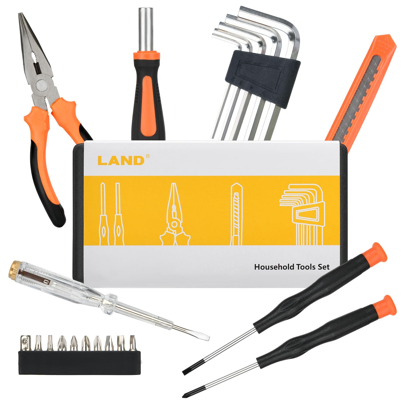 LAND 22-Piece Tool Kit General Household Tool Set Cutting Plier with Plastic Toolbox Storage Case for Home,Office,Garage and College Dorm