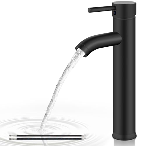 Airuida Matte Black 1 Hole Deck Mount Bathroom Faucet, Sturdy Stainless Steel Construction, Circular Waterfall Spout Design, Easy Installation