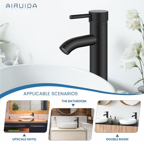 Airuida Matte Black 1 Hole Deck Mount Bathroom Faucet, Sturdy Stainless Steel Construction, Circular Waterfall Spout Design, Easy Installation