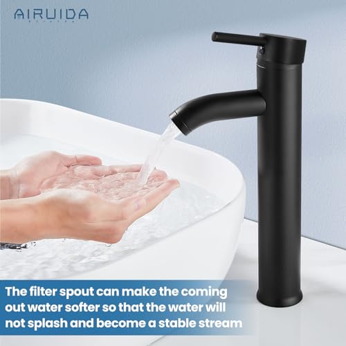 Airuida Matte Black 1 Hole Deck Mount Bathroom Faucet, Sturdy Stainless Steel Construction, Circular Waterfall Spout Design, Easy Installation