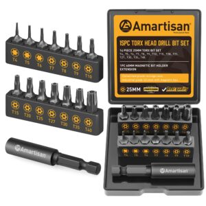 torx bit set, amartisan 15-piece security torx bit set, tamper resistant star bits set s2 steel, 1" long t4 - t40 and 1/4”magnetic extension