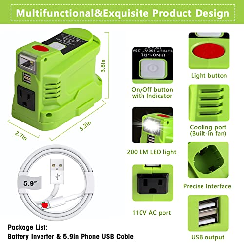 Portable Power Inverter for RYOBI 18V Volt Battery, with 5.9" USB Cable,150 Watt Portable Power Inverter with Dual USB & LED Light, DC 18V to AC 110~120V with AC Outlets, Modified Sine Wave