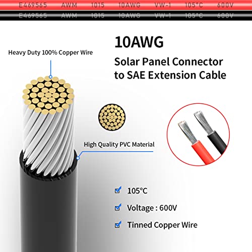 ELFCULB 10AWG 2FT Solar Connector to SAE Adapter 2 3.3 10 20 FT SAE Solar Panel Extension Cable with SAE Polarity Reverse Adapter for Solar Panels Car Battery Charger Kit