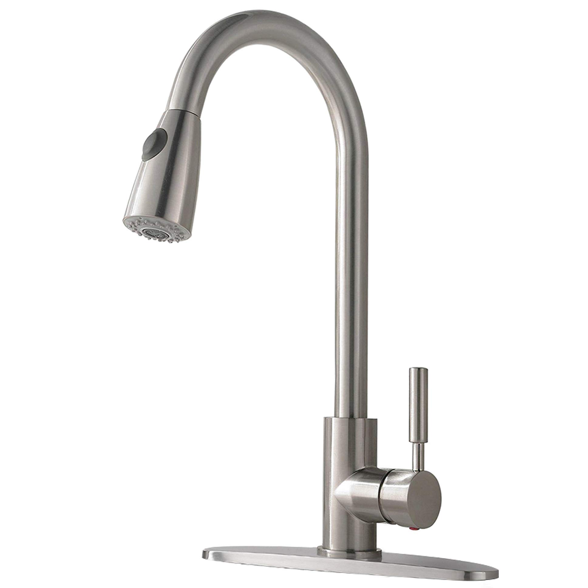 Friho Modern Brushed Nickel Single Hole 1 Handle Stainless Steel Pull Down Sprayer Kitchen Faucet, Pull Out Kitchen Sink Faucet Swivel Spout with Deck Plate