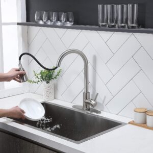 Friho Modern Brushed Nickel Single Hole 1 Handle Stainless Steel Pull Down Sprayer Kitchen Faucet, Pull Out Kitchen Sink Faucet Swivel Spout with Deck Plate