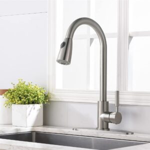 Friho Modern Brushed Nickel Single Hole 1 Handle Stainless Steel Pull Down Sprayer Kitchen Faucet, Pull Out Kitchen Sink Faucet Swivel Spout with Deck Plate