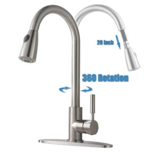 Friho Modern Brushed Nickel Single Hole 1 Handle Stainless Steel Pull Down Sprayer Kitchen Faucet, Pull Out Kitchen Sink Faucet Swivel Spout with Deck Plate