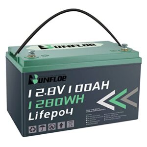 bunfloe lifepo4 battery 12v lithium battery 100ah deep cycle 8000+ with 100a bms,1280w load power,widely used for marine,solar,rv,boat,replace most of backup power and off grid applications