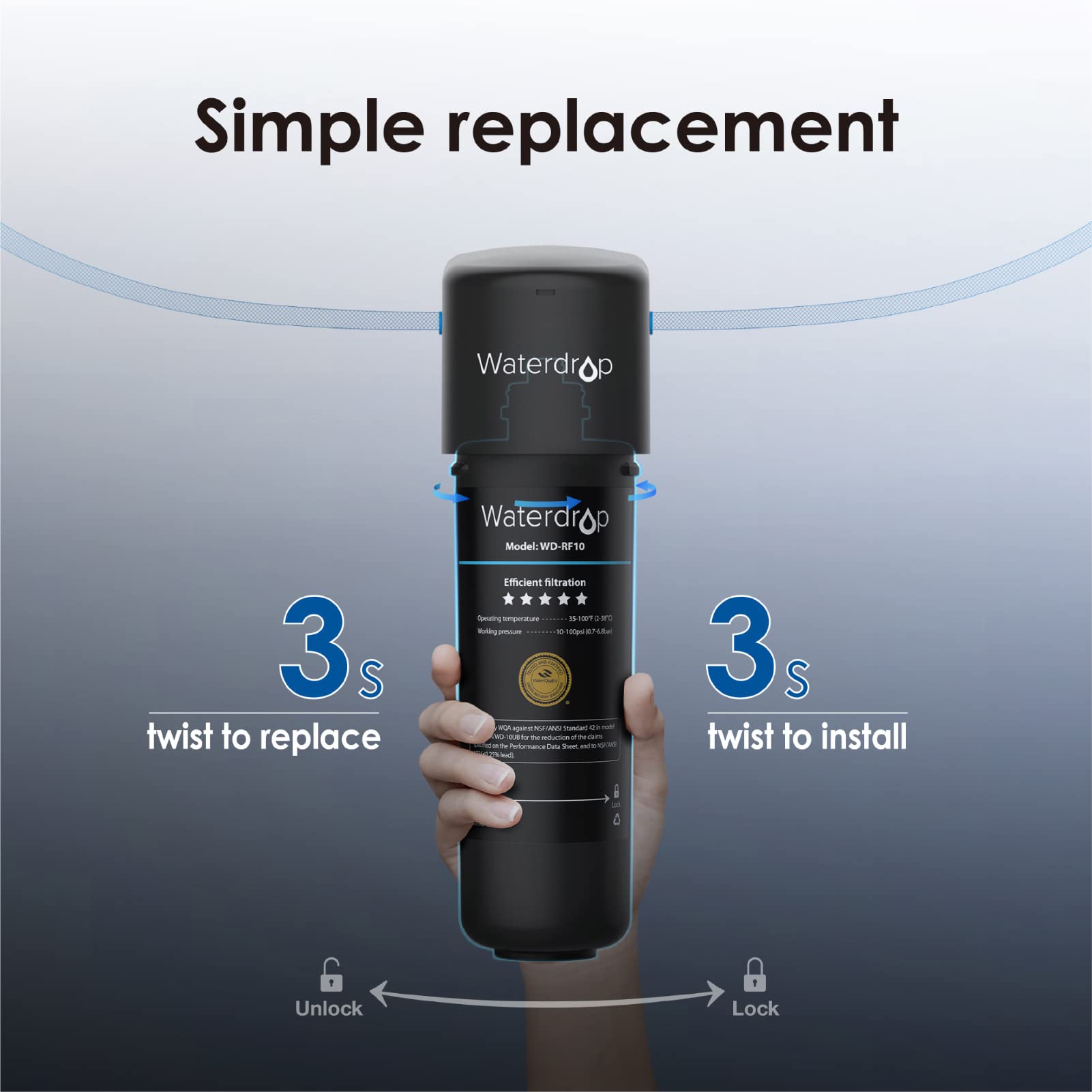 Waterdrop 10UA Under Sink Water Filter System and RF10 Replacement Filter Cartridge for 10UA/10UB Under Sink Water Filter