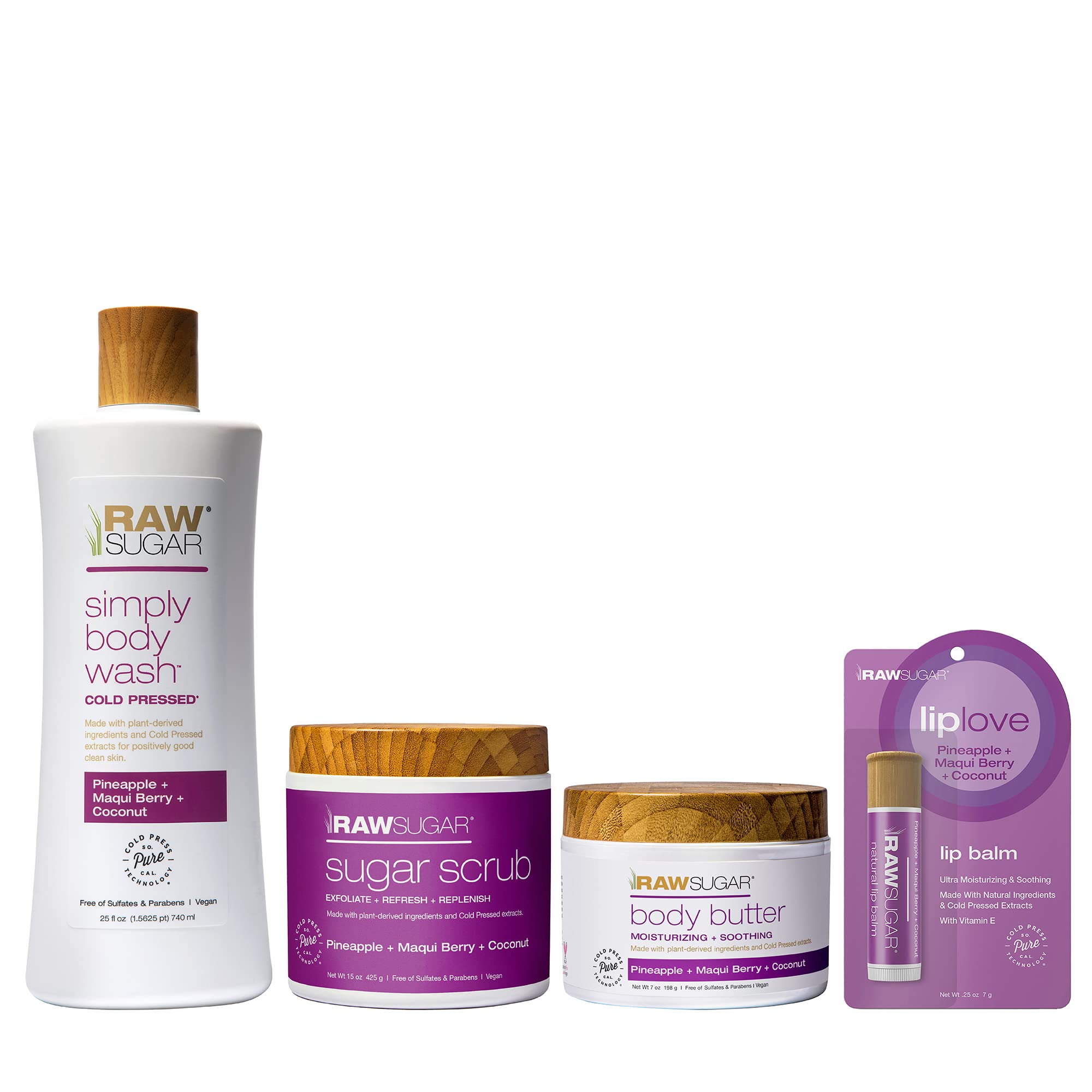 Raw Sugar Pineapple + Coconut + Maqui Berry Body Love Bundle - Body Wash, Body Scrub, Body Butter & Lip Balm, Clean, Made with Plant-Derived Ingredients, Formulated without Sulfates and Parabens