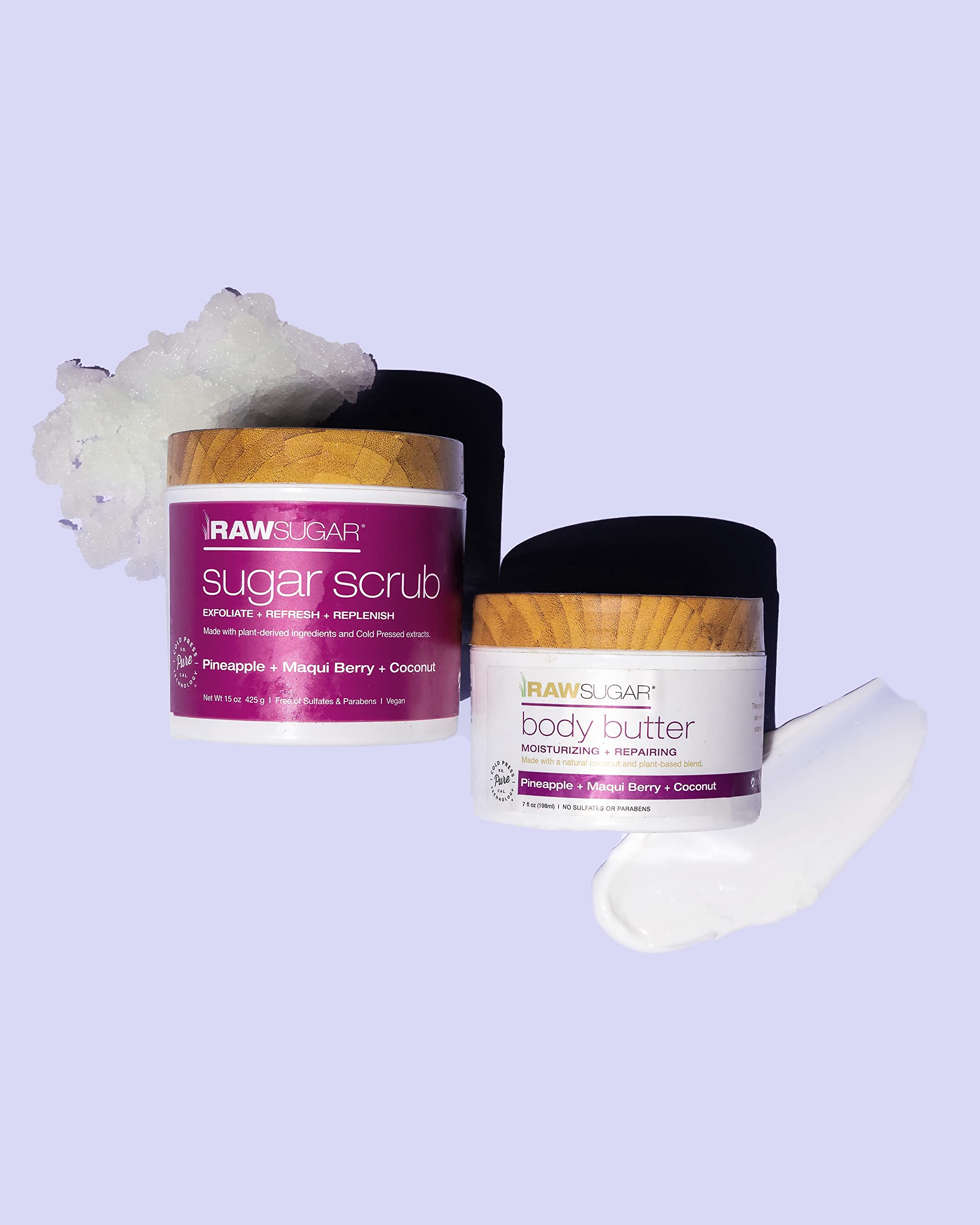 Raw Sugar Pineapple + Coconut + Maqui Berry Body Love Bundle - Body Wash, Body Scrub, Body Butter & Lip Balm, Clean, Made with Plant-Derived Ingredients, Formulated without Sulfates and Parabens