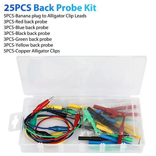 25pcs Automotive Test Leads Kit, Back Probe Alligator Clips, Alligator Clip to 4mm Banana Plug Test Probe Back Probes, Multimeter Electrical Testing 5 Colors Automotive Repair Diagnosis Tools Set