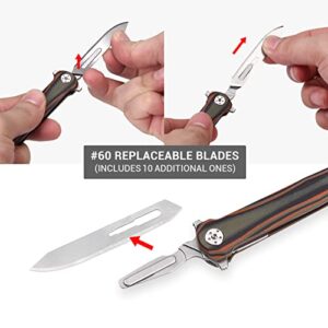 ITOKEY Folding Scalpel, Slim Pocket Knife, EDC Utility Knife, G10 Handle Surgical Knife with Liner Lock, Flipper Open, 10pcs Replaceable #60 Razor Blades, Outdoor Hunting Skinning Knives for Men(#60 green)