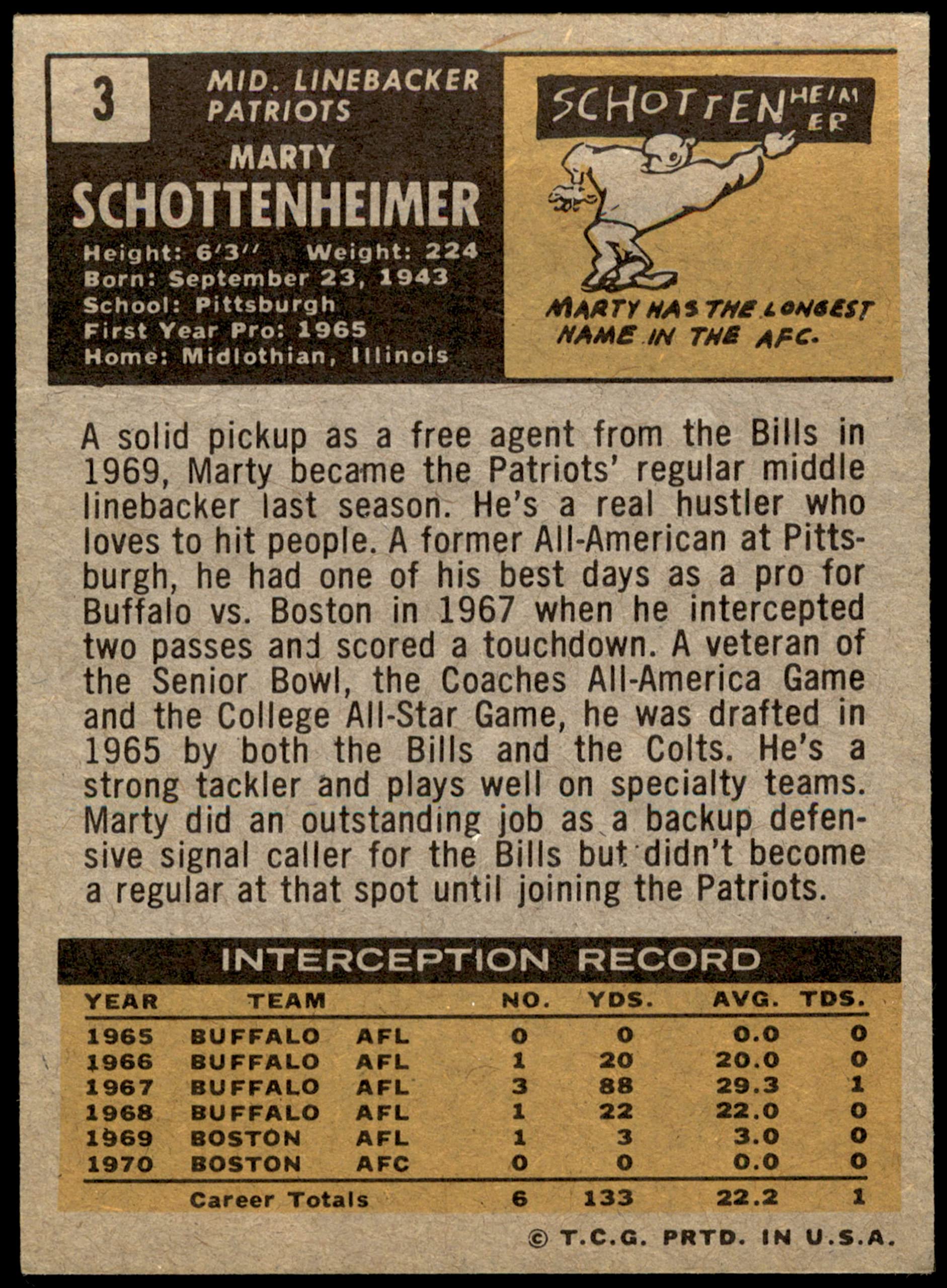 1971 Topps # 3 Marty Schottenheimer New England Patriots (Football Card) VG Patriots Pittsburgh