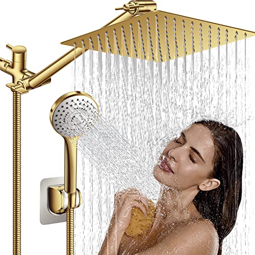 High Pressure Rainfall Shower Head/Handheld Shower Combo with 11" Adjustable Extension Arm, 5 Spray Settings Shower Heads with 60" Hose Anti-leak (Gold), 10"