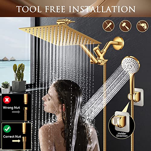 High Pressure Rainfall Shower Head/Handheld Shower Combo with 11" Adjustable Extension Arm, 5 Spray Settings Shower Heads with 60" Hose Anti-leak (Gold), 10"