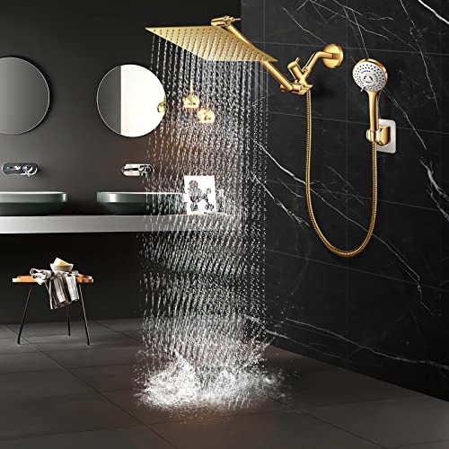 High Pressure Rainfall Shower Head/Handheld Shower Combo with 11" Adjustable Extension Arm, 5 Spray Settings Shower Heads with 60" Hose Anti-leak (Gold), 10"