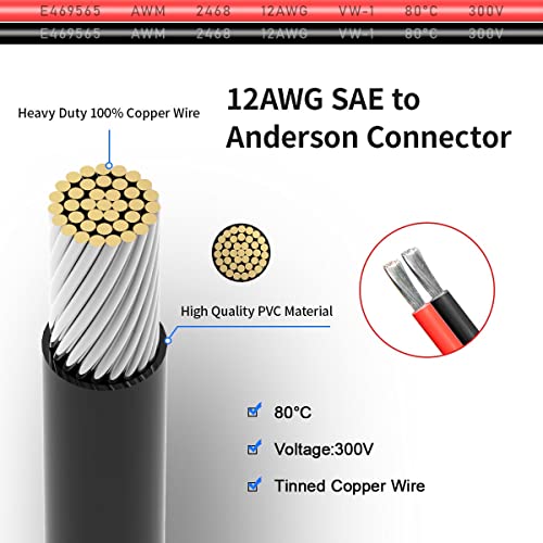 ELFCULB 12AWG Anderson Connector to SAE Extension Cable with SAE Polarity Reverse Adapter for Portable Power Station Solar Panel (2FT)