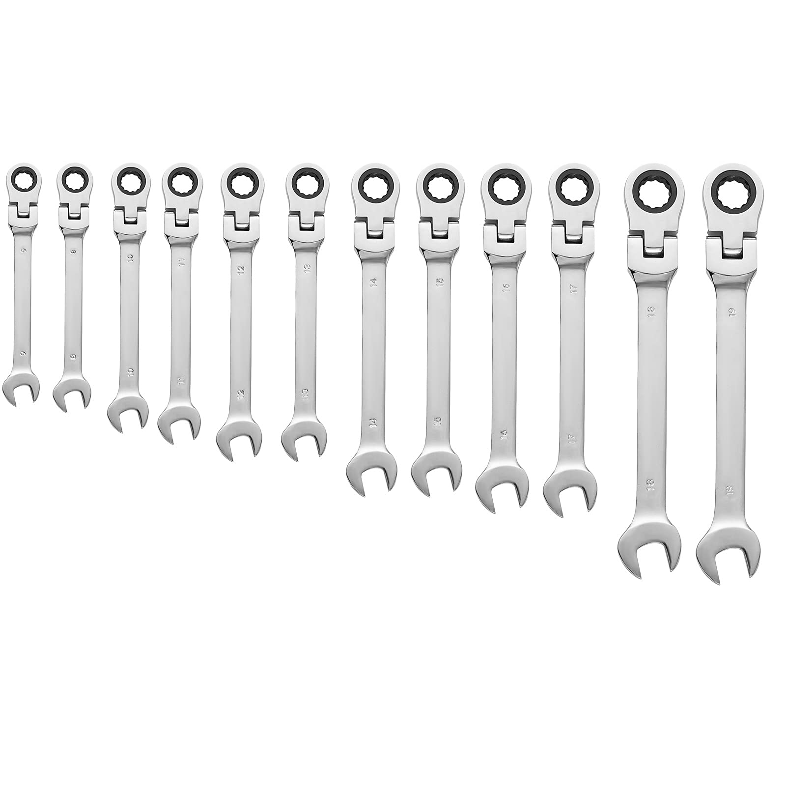 TOPDEEP Ratcheting Combination Wrench Set, 12 Piece 8-19mm Metric Flex Head Ratcheting Wrench, Chrome Vanadium Steel Ratcheting Spanner Wrench with Carrying Bag