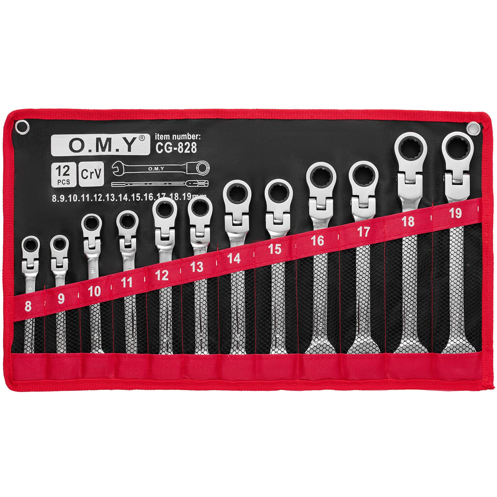 TOPDEEP Ratcheting Combination Wrench Set, 12 Piece 8-19mm Metric Flex Head Ratcheting Wrench, Chrome Vanadium Steel Ratcheting Spanner Wrench with Carrying Bag