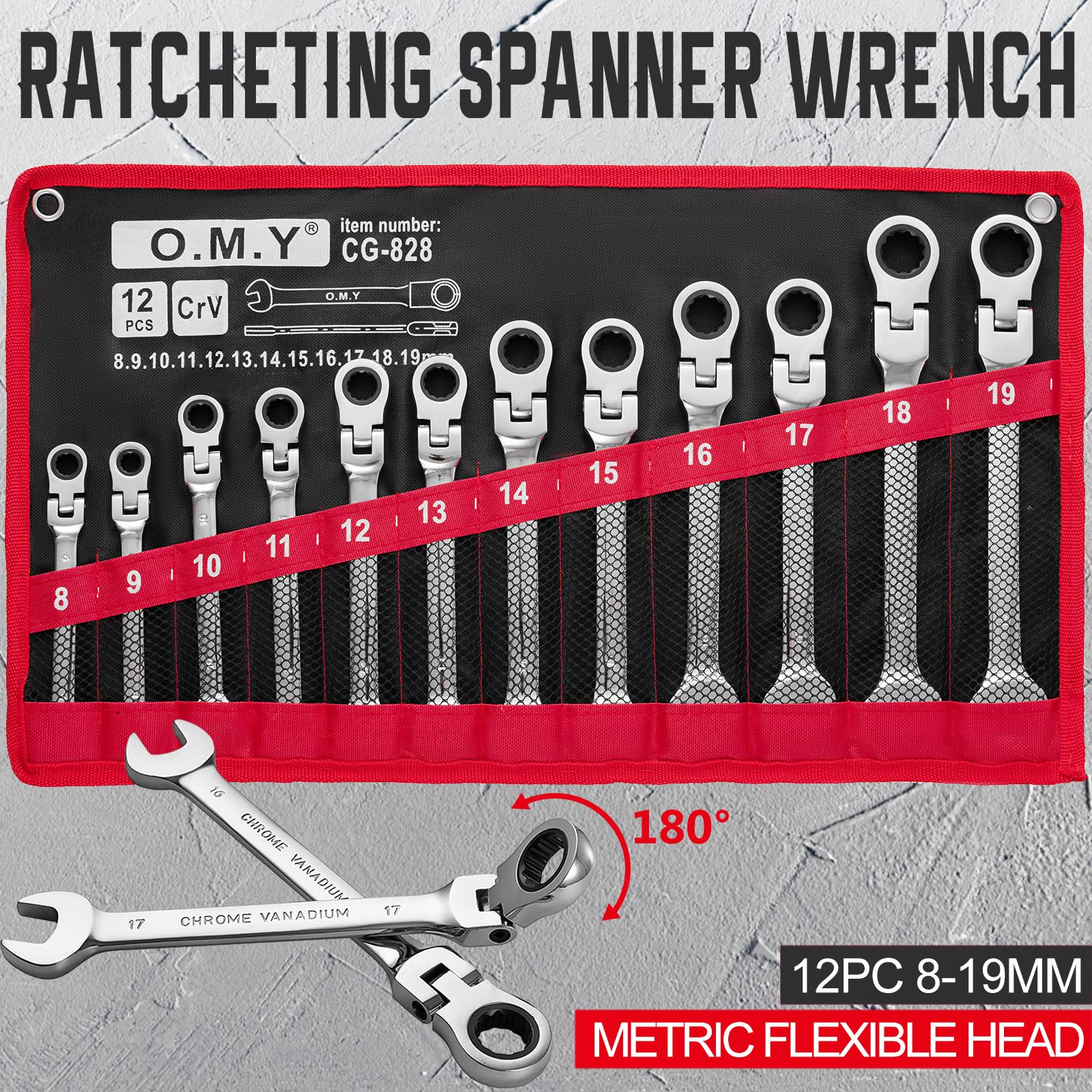 TOPDEEP Ratcheting Combination Wrench Set, 12 Piece 8-19mm Metric Flex Head Ratcheting Wrench, Chrome Vanadium Steel Ratcheting Spanner Wrench with Carrying Bag