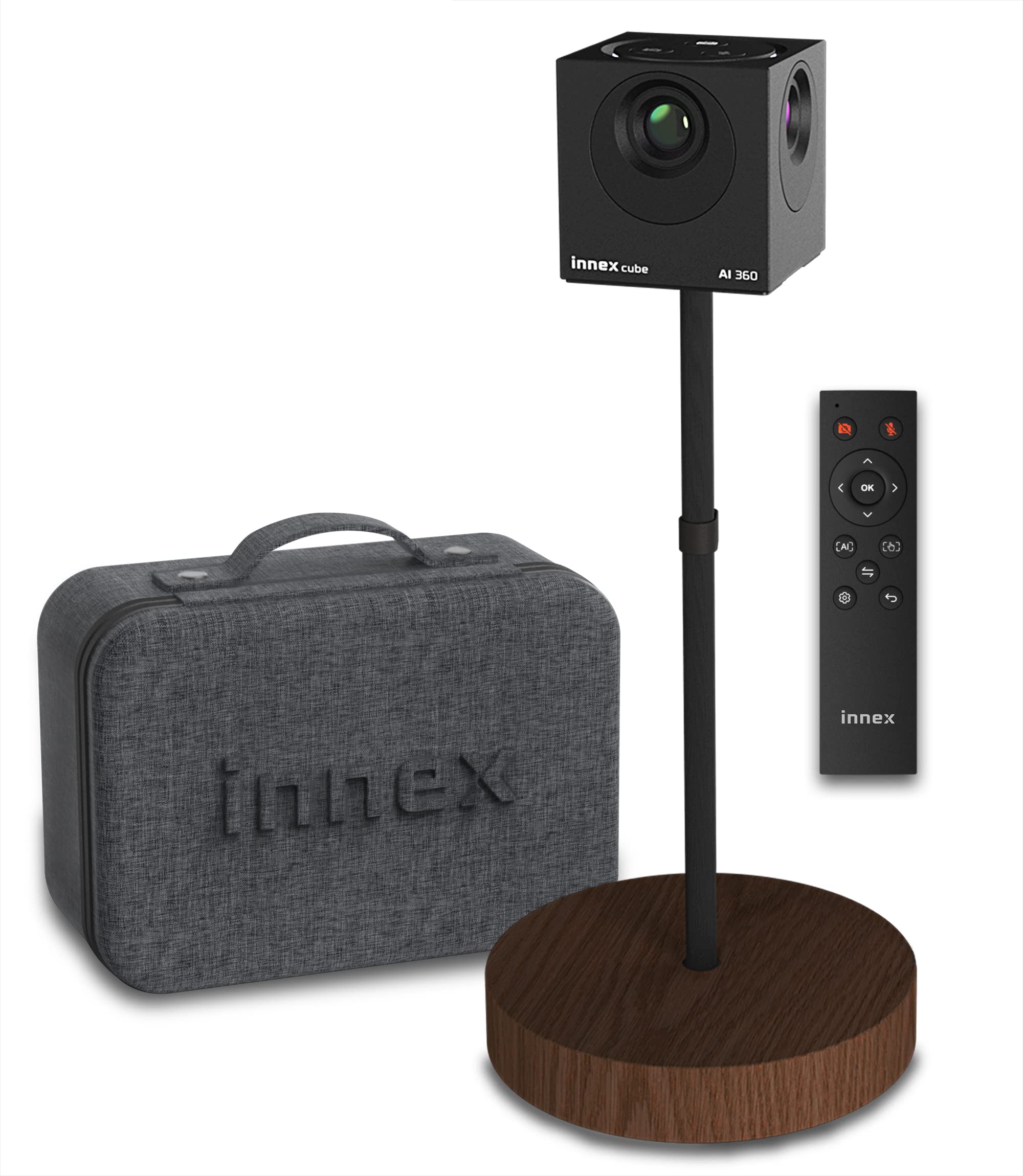 Innex Cube, 360 Degree Wide Angle Conference Camera, multiiple AI Mode, with Dual mics, Adjustable Height for Eye-Level Meeting Experience, 4 Lens Stiching, Flexible ePTZ with Remote, Zoom & Teams